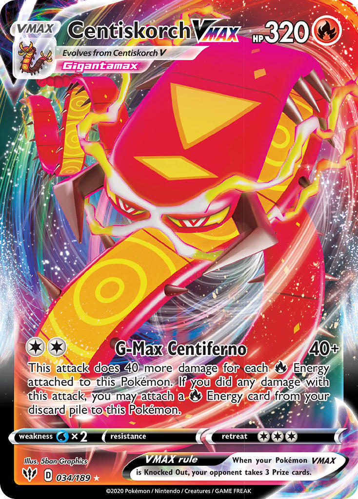 Centiskorch VMAX 34 189 SWSH Darkness Ablaze Holo Ultra Rare Pokemon Centiskorch VMAX 34 189 SWSH Darkness Ablaze Holo Ultra Rare Pokemon